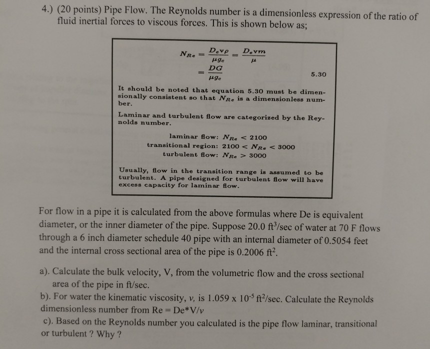 Solved 4.) (20 po ints) Pipe Flow. The Reynolds number is a | Chegg.com
