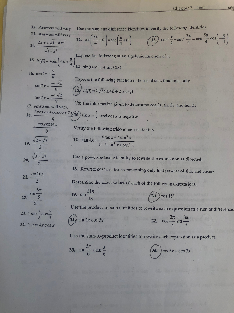Solved Chapter 7 Test- 60 Use the sum and difference | Chegg.com