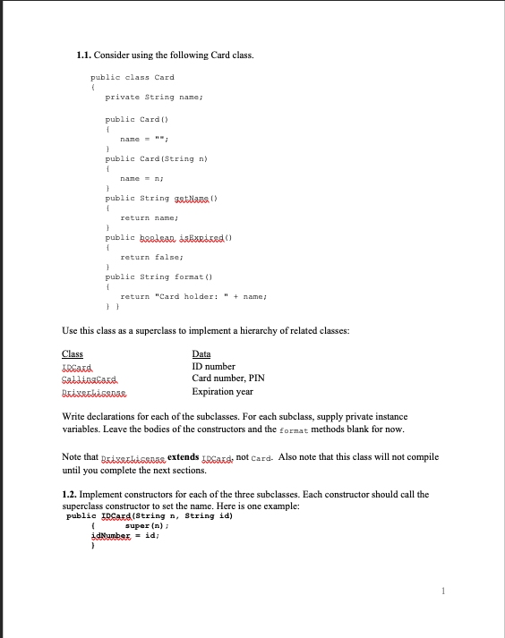 Solved 1.1. Consider using the following Card class. public | Chegg.com