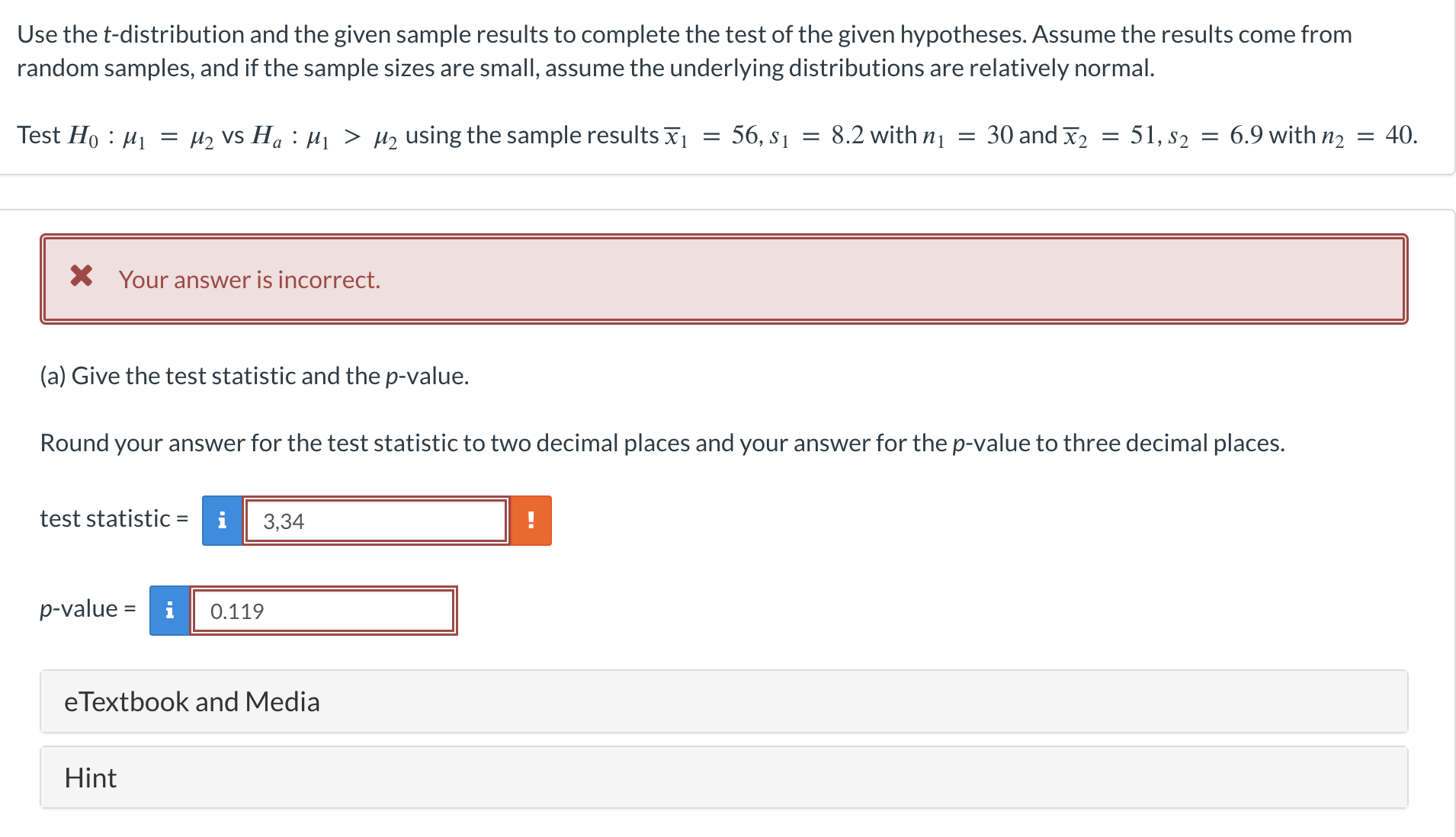 Solved Use the t-distribution and the given sample results | Chegg.com