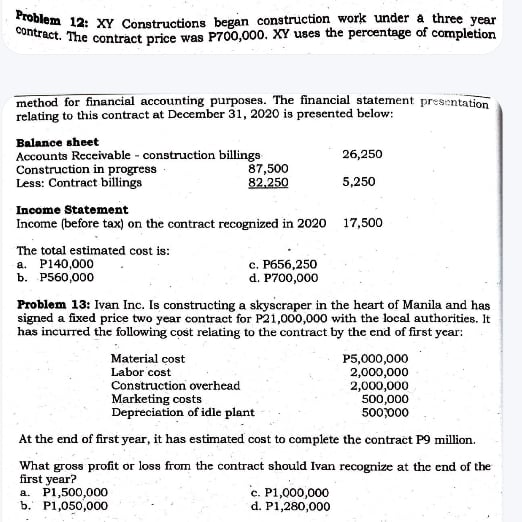 Solved Problem 12: XY Constructions began construction work | Chegg.com