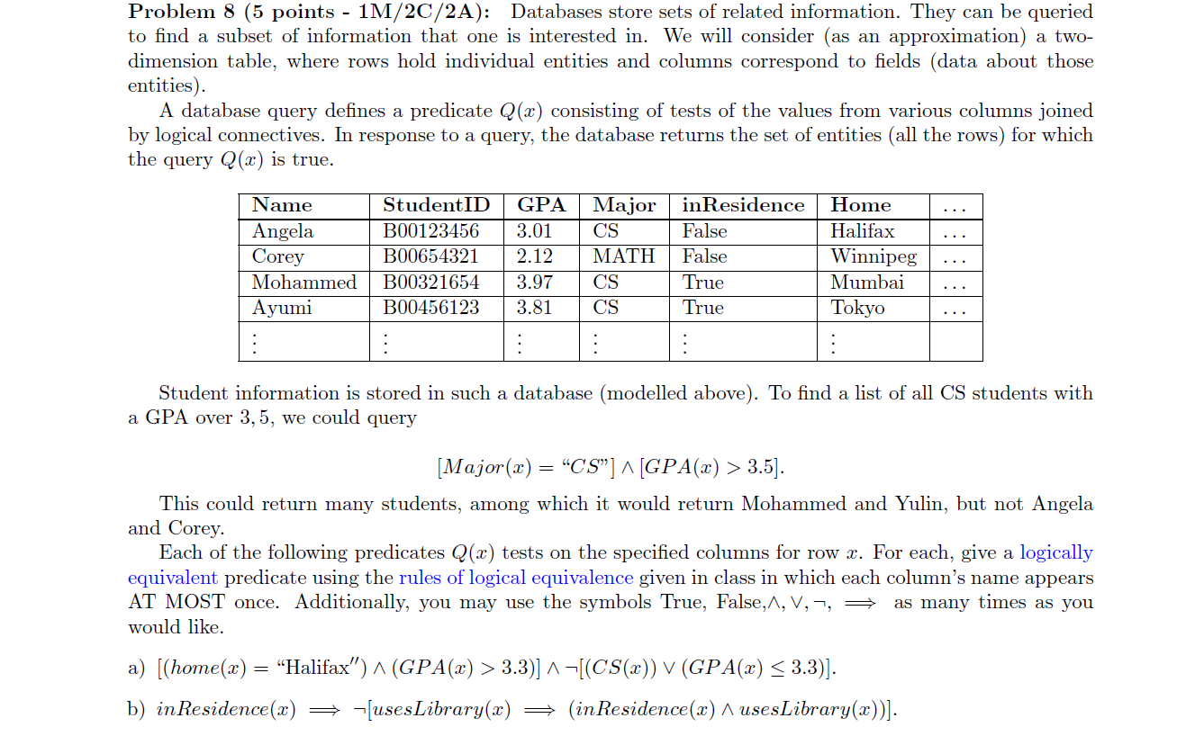 Solved Problem 8 (5 points - 1M/2C/2A): Databases store sets | Chegg.com