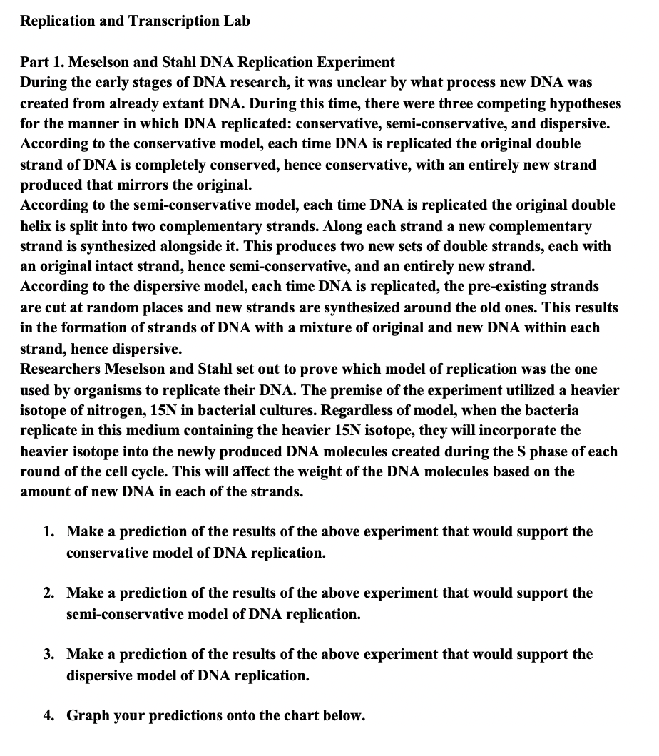 Part 1. Meselson and Stahl DNA Replication Experiment | Chegg.com