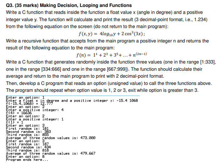 Solved Q3. (35 marks) Making Decision, Looping and Functions | Chegg.com