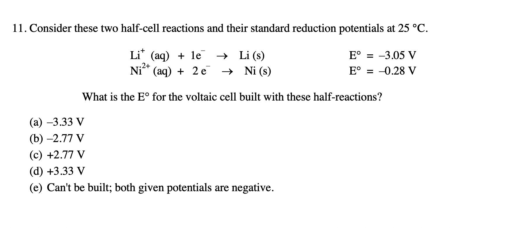 Solved 11. Consider these two half-cell reactions and their | Chegg.com