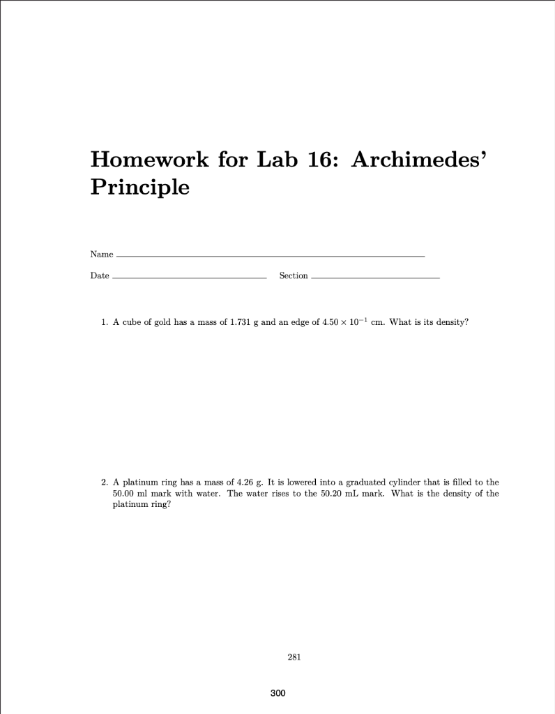 Solved Homework for Lab 16: Archimedes' Principle Name Date | Chegg.com