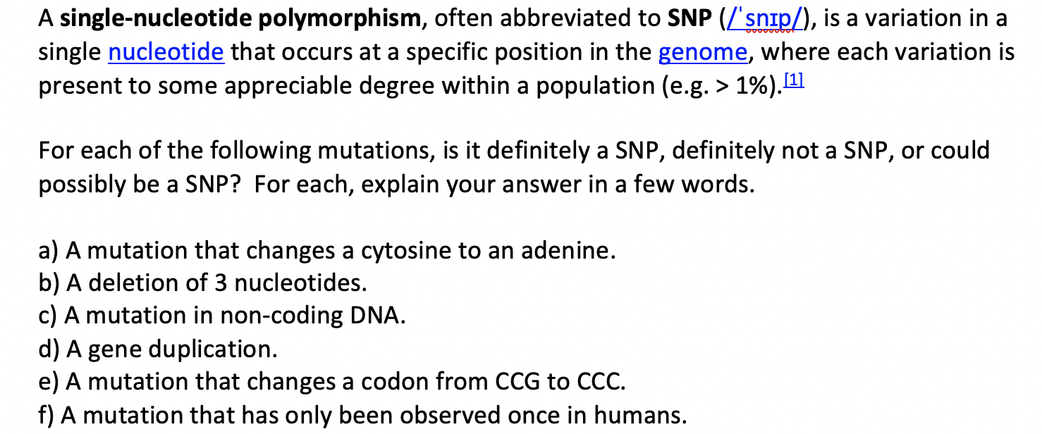 Solved A single-nucleotide polymorphism, often abbreviated | Chegg.com