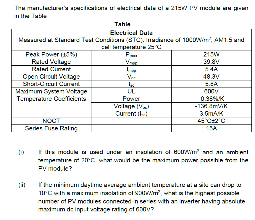 Solved Vmpp The manufacturer's specifications of electrical | Chegg.com