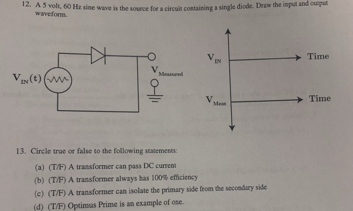 Solved 12. A 5 volt, 60 Hz sine wave is the source for a | Chegg.com