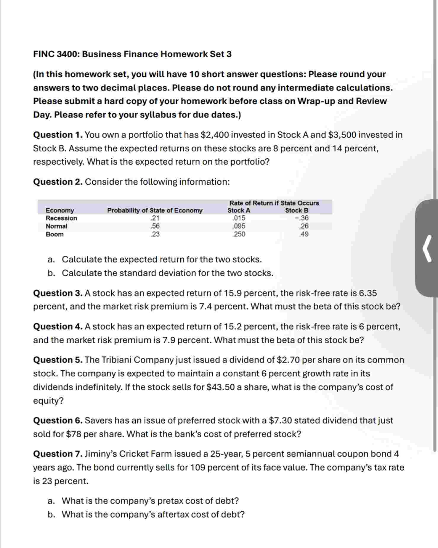 Solved FINC 3400: Business Finance Homework Set 3(In this | Chegg.com