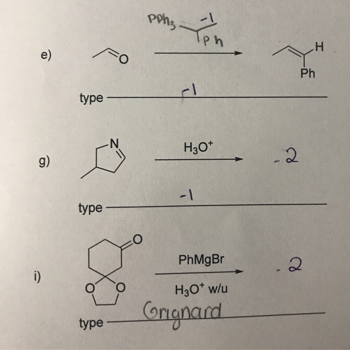 Solved P h e) Ph type H3O g) type PhMgBr H30 w/u Conanard | Chegg.com