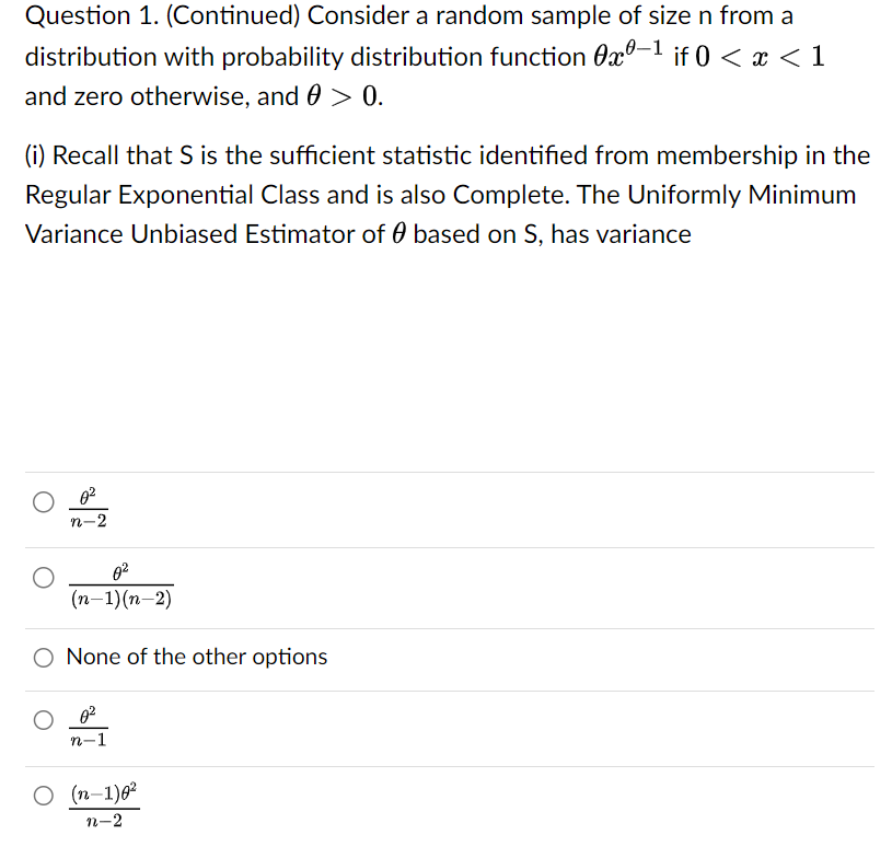 Solved Question 1. (Continued) Consider a random sample of | Chegg.com