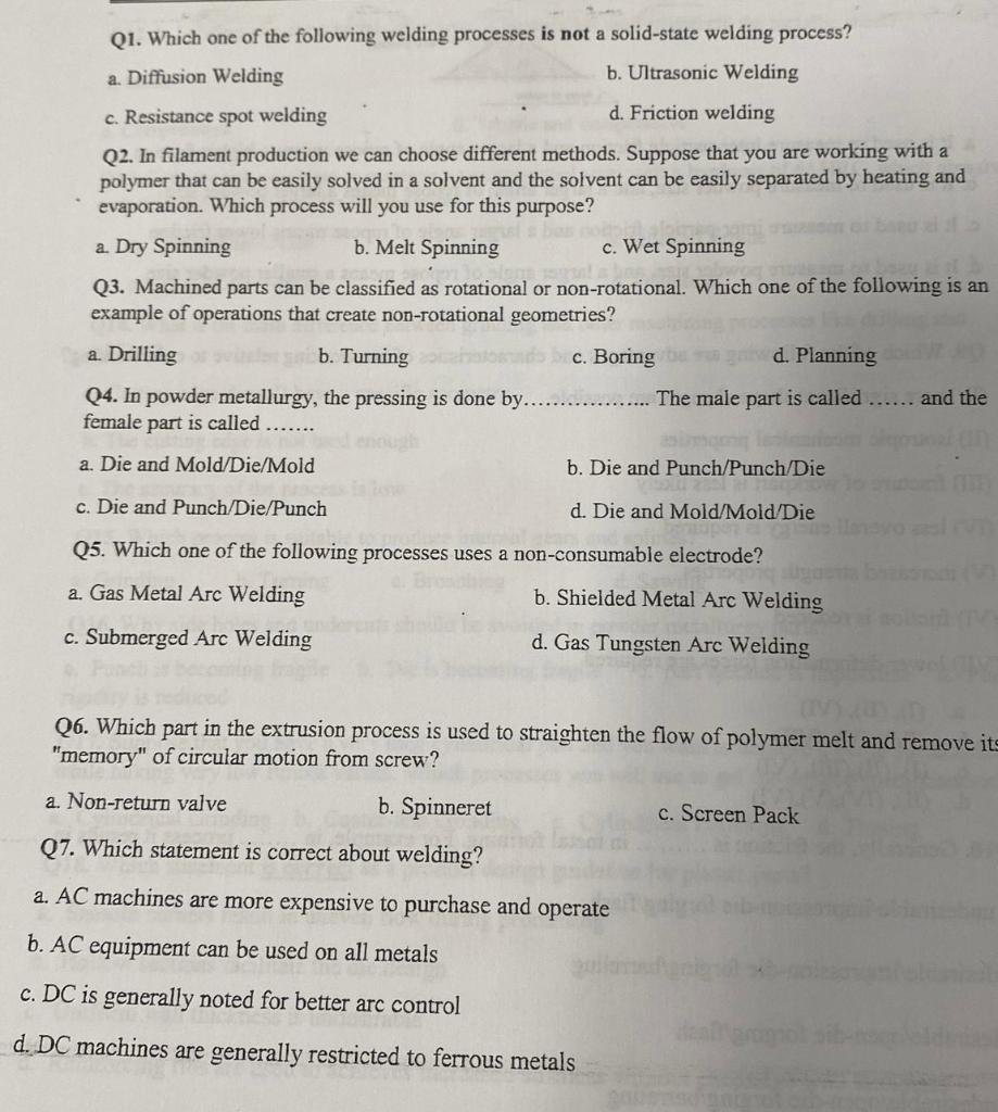 Solved Q1. Which one of the following welding processes is | Chegg.com