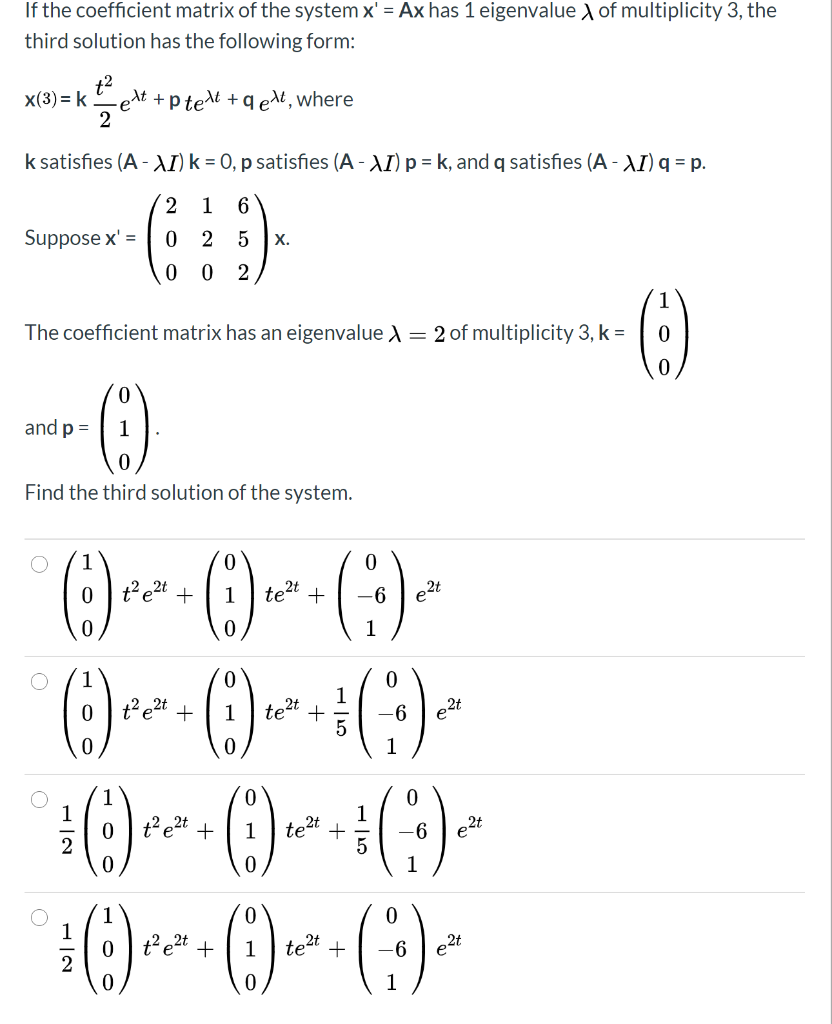 Solved If the coefficient matrix of the system x' = Ax has 1 | Chegg.com