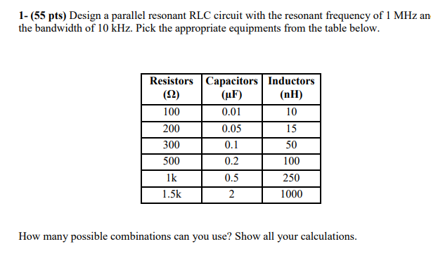 1- (55 pts) Design a parallel resonant RLC circuit | Chegg.com