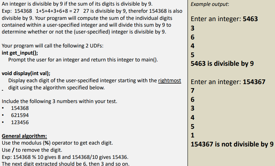 Solved Example output: An integer is divisible by 9 if the | Chegg.com
