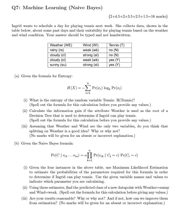 Q7: Machine Learning (Naive Bayes) | Chegg.com