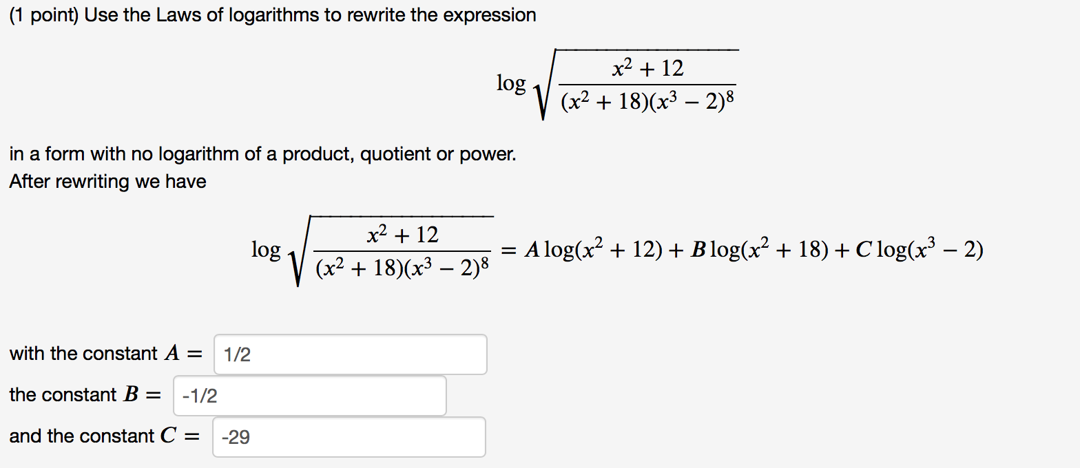 Solved (1 point) Use the Laws of logarithms to rewrite the | Chegg.com