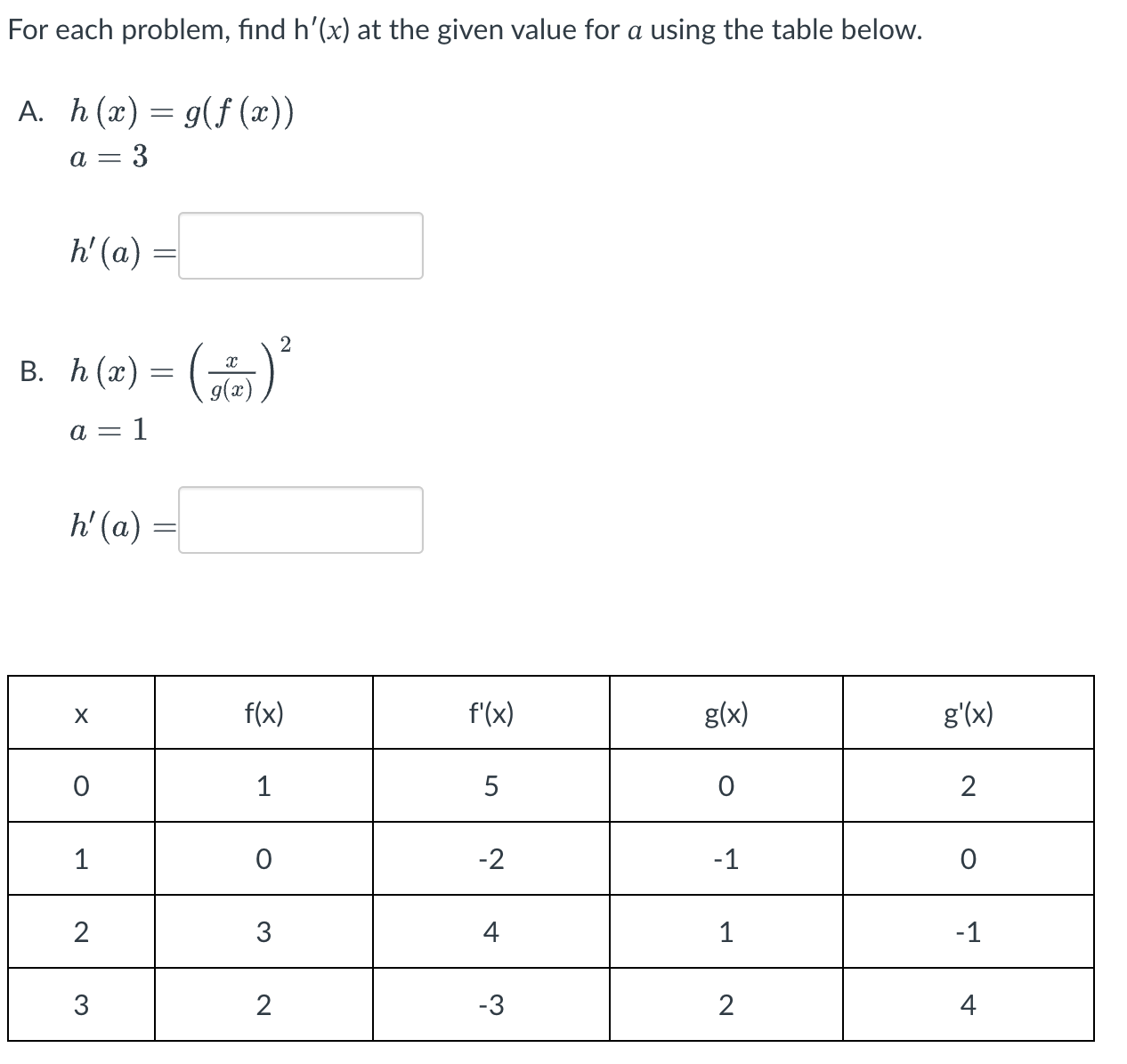 Solved Eor each problem, find h′(x) at the given value for a | Chegg.com