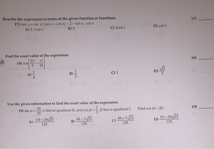 Solved Rewrite the expression in terms of the given function | Chegg.com