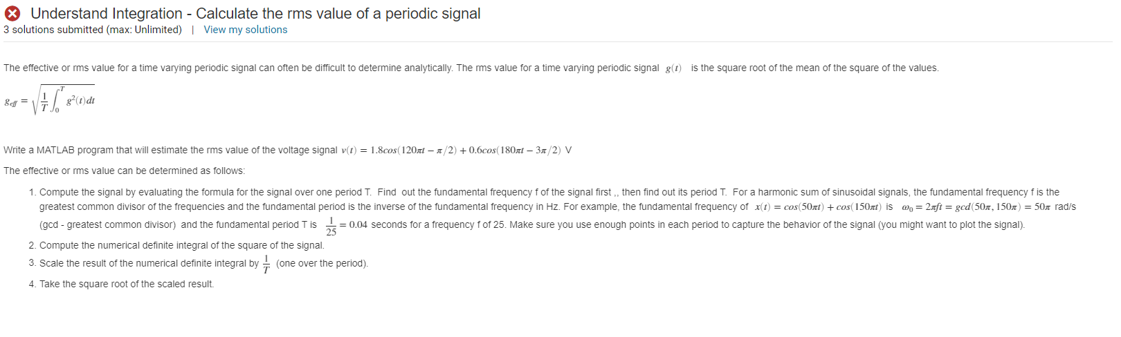 Understand Integration - Calculate the rms value of a | Chegg.com