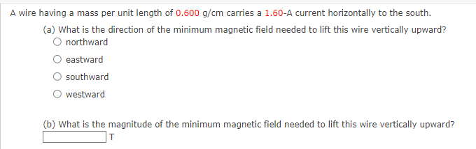 Solved A wire having a mass per unit length of 0.600 g/cm | Chegg.com