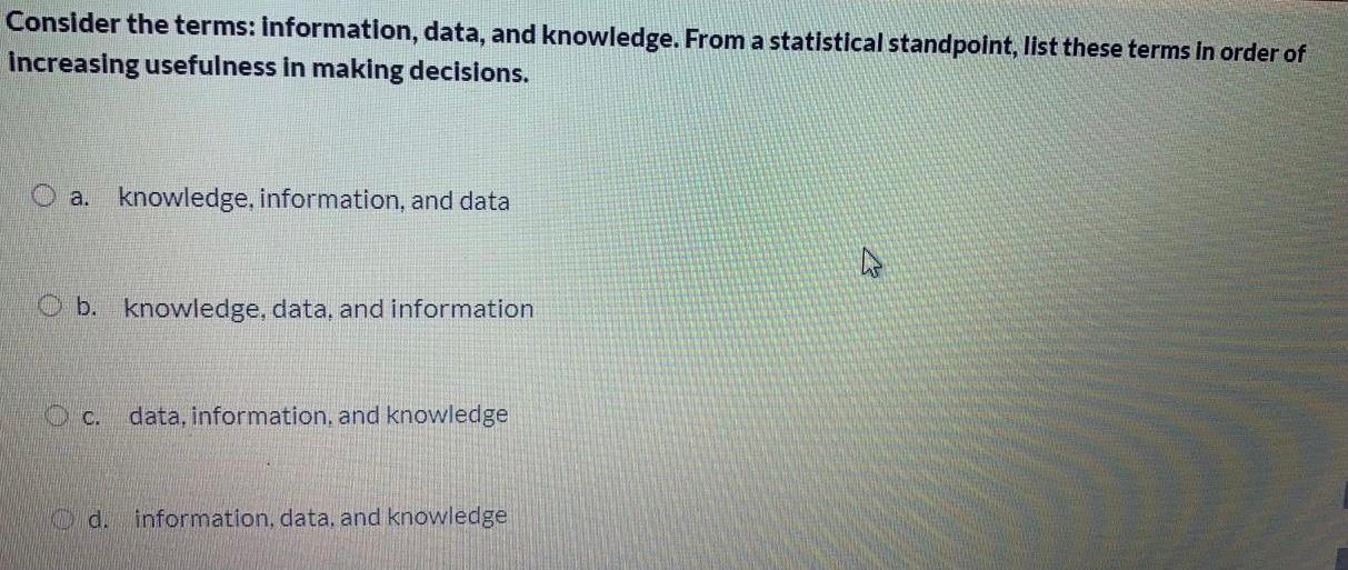 Solved Consider the terms: Information, data, and knowledge. | Chegg.com