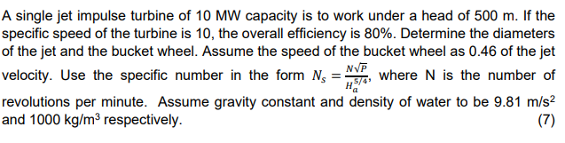 Solved A single jet impulse turbine of 10MW capacity is to | Chegg.com