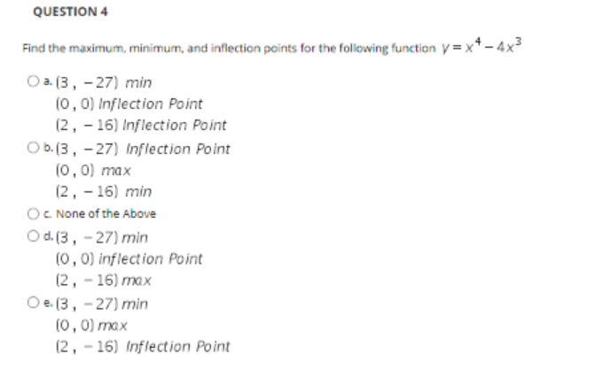 Solved QUESTION 4 Find the maximum, minimum, and inflection | Chegg.com