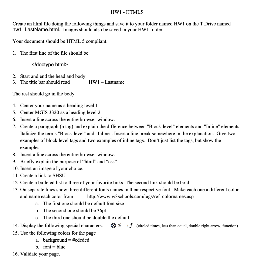 Solved HW1 - HTML5 Create an html file doing the following | Chegg.com