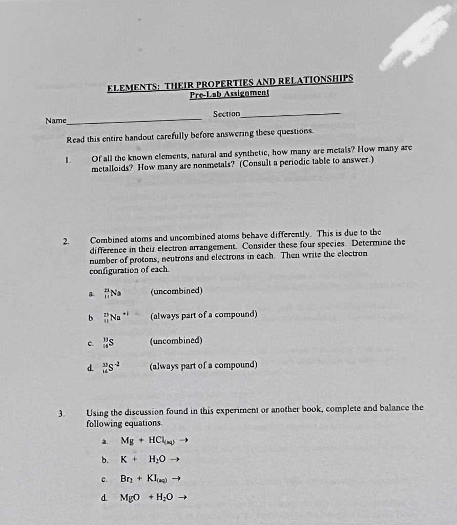 Solved ELEMENTS: THEIR PROPERTIES AND RELATIONSHIPS Pre Lab | Chegg.com
