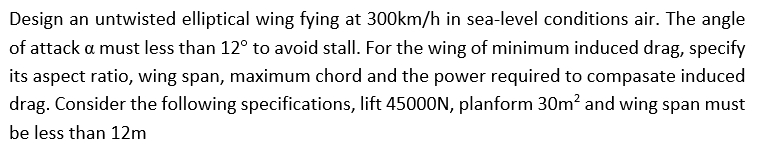 Solved Design an untwisted elliptical wing fying at 300 km/h | Chegg.com