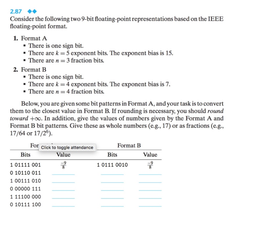 2.87 Consider the following two 9-bit floating-point | Chegg.com