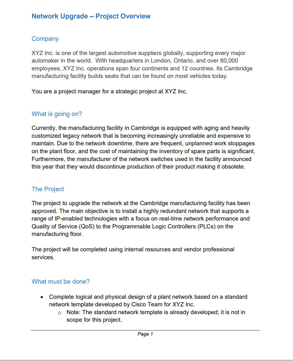 Solved Network Upgrade - Project Overview Company XYZ Inc. | Chegg.com