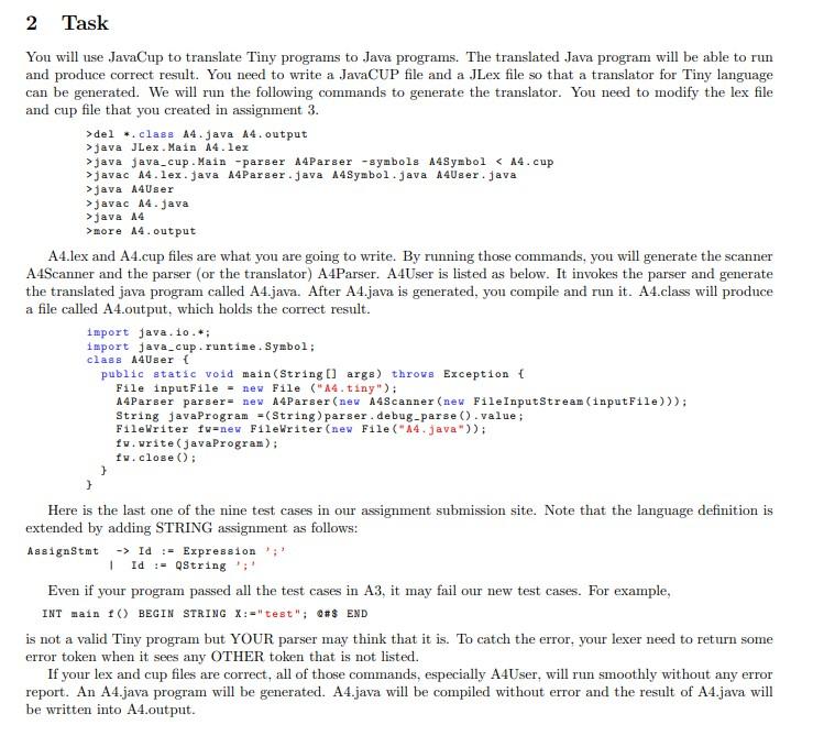 2 Task You will use JavaCup to translate Tiny | Chegg.com
