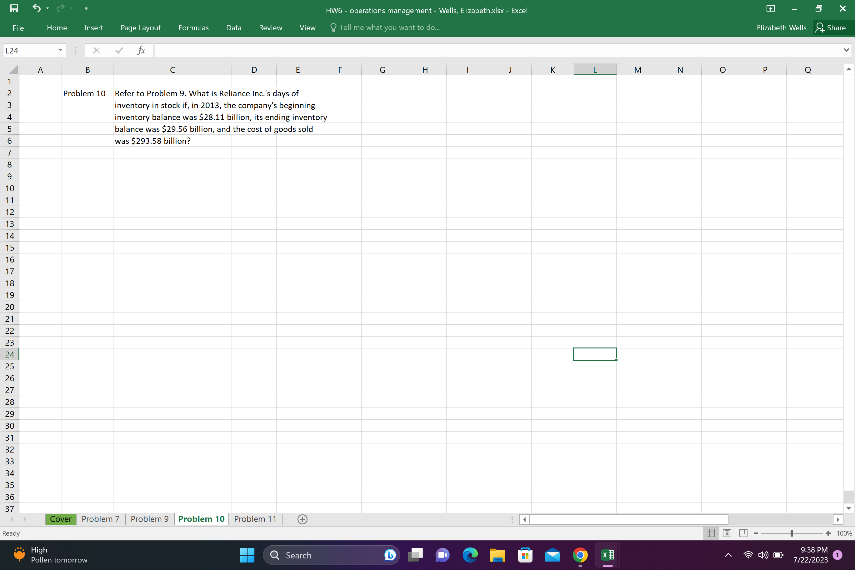 Solved HW6 - operations management - Wells, Elizabeth.xIsx - | Chegg.com