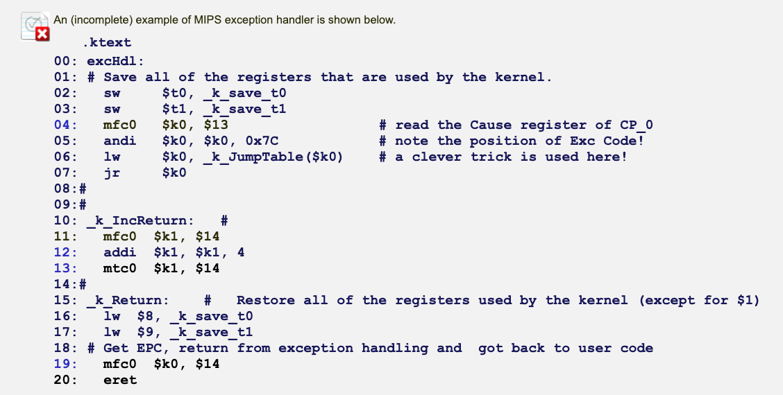SW 07: An (incomplete) example of MIPS exception | Chegg.com