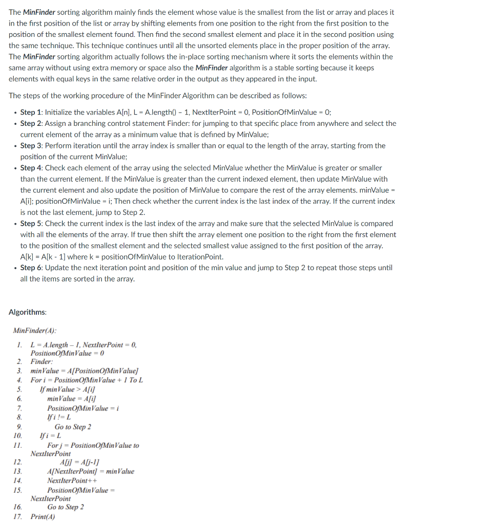 Solved The MinFinder sorting algorithm mainly finds the | Chegg.com