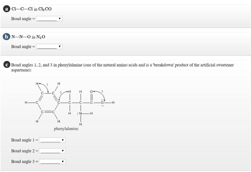 Solved a Ci-C-Cl in Cl CO Bond angle = bN-N-O in N20 Bond | Chegg.com