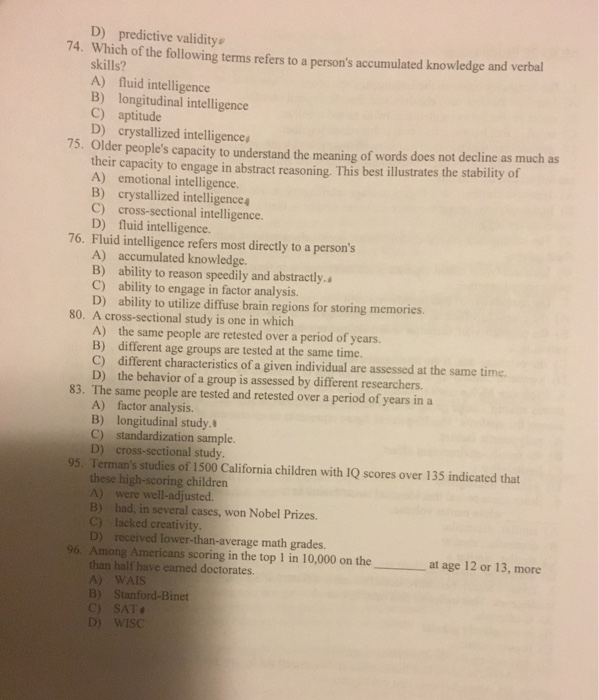 Solved D) predictive validity 74. Which o the following | Chegg.com