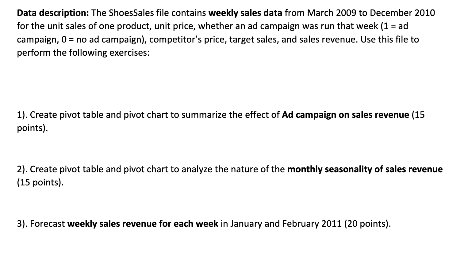 Solved Data description: The ShoesSales file contains weekly | Chegg.com