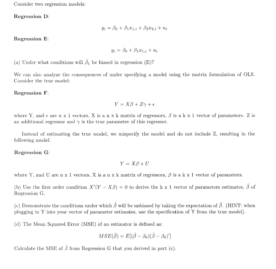 Consider two regression models: Regression D: Yi = Bo | Chegg.com