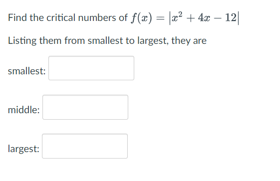 Solved Find the critical numbers of f(x)=|x2+4x-12|Listing | Chegg.com