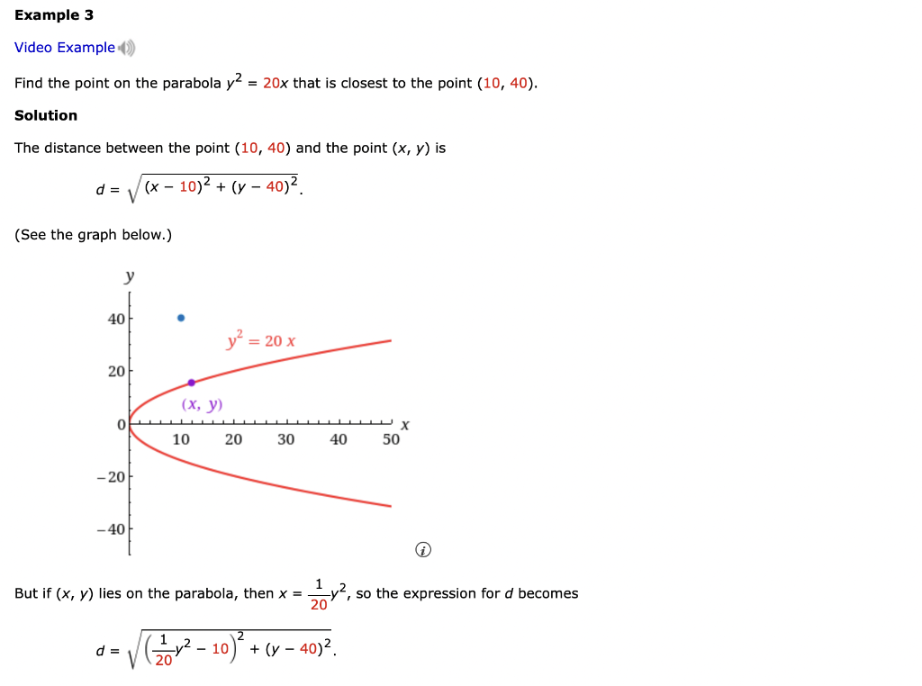 Solved Find the point on the parabola y2=20x that is closest | Chegg.com