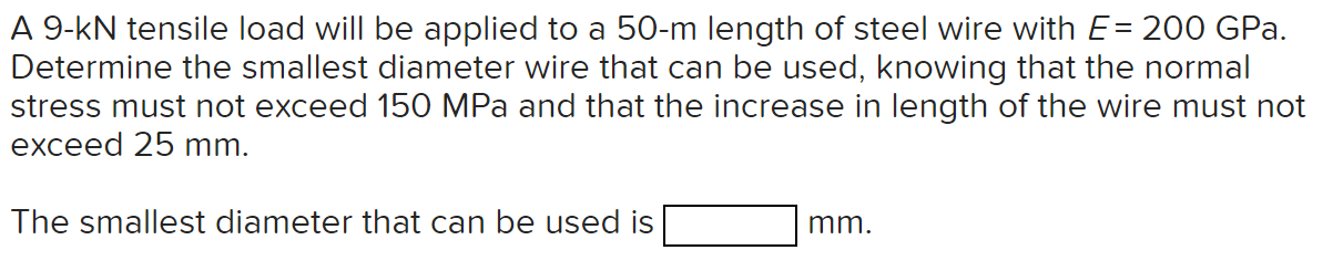 Solved A 9-kN tensile load will be applied to a 50-m length | Chegg.com