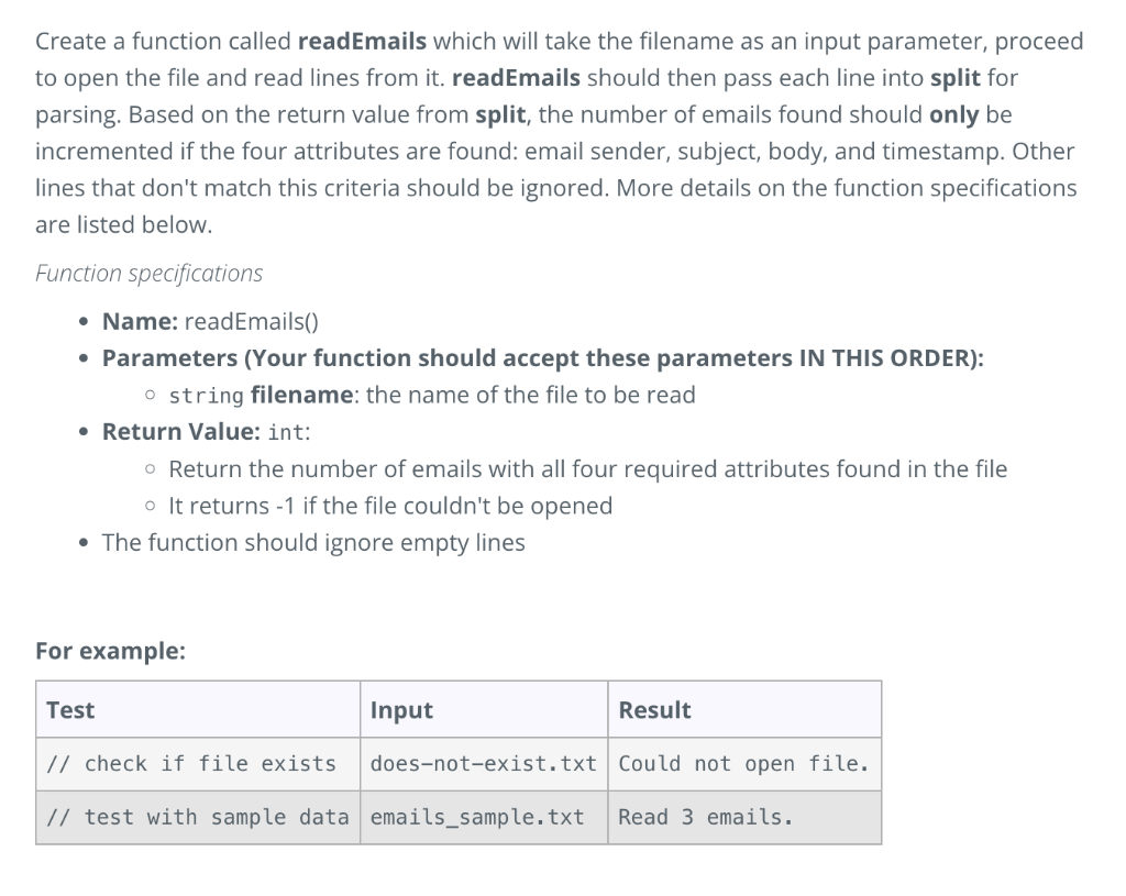 Solved Create a function called readEmails which will take | Chegg.com