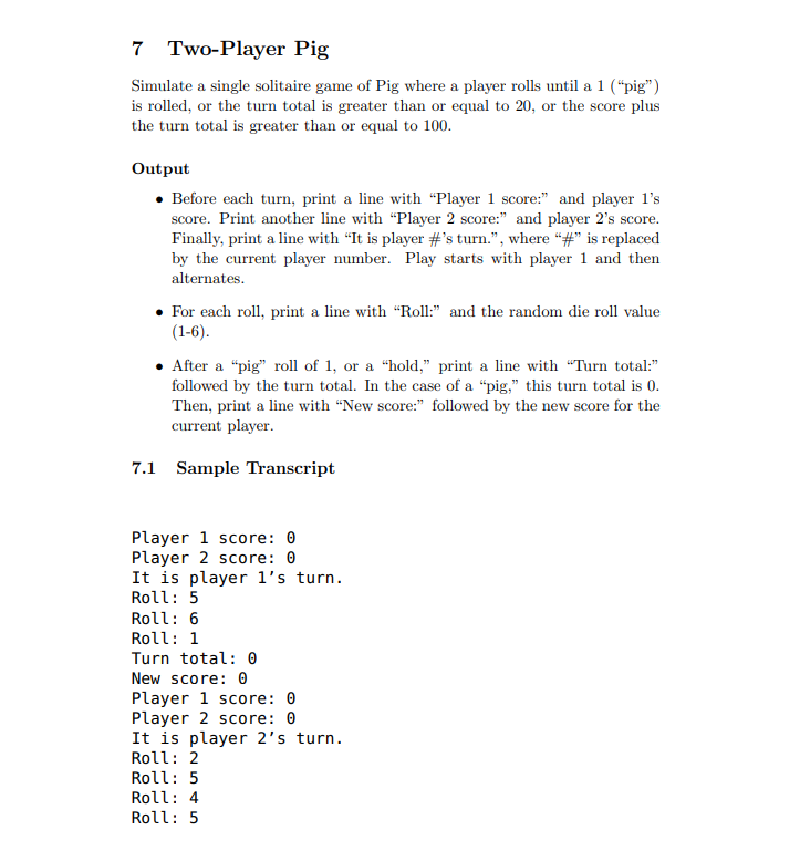 Solved 7 Two-Player Pig Simulate a single solitaire game of | Chegg.com