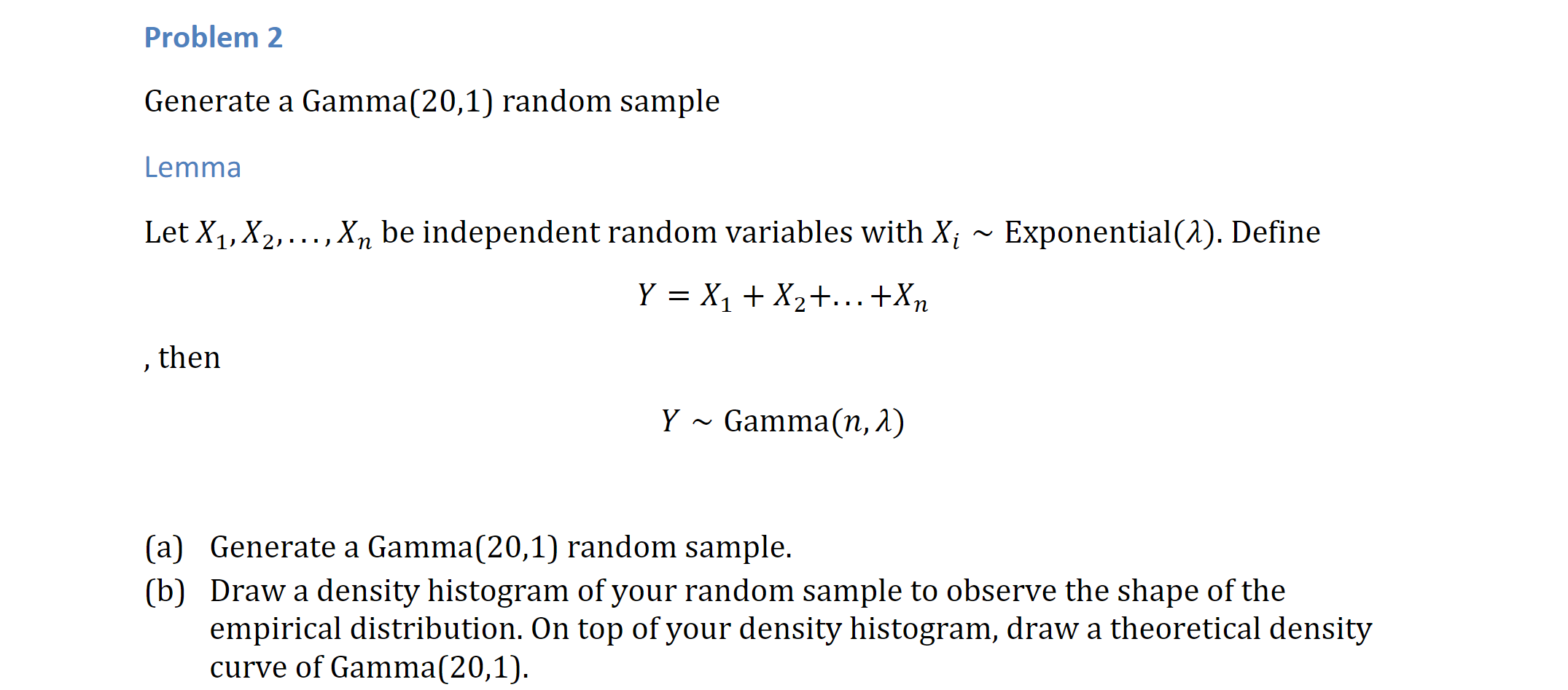 Solved Generate a Gamma (20,1) random sample Lemma Let | Chegg.com