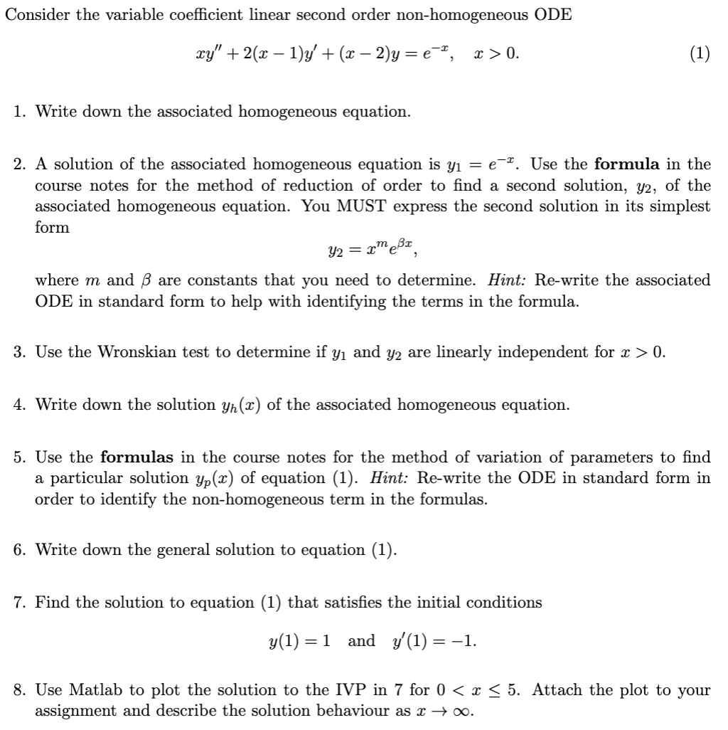 Solved Consider the variable coefficient linear second order | Chegg.com