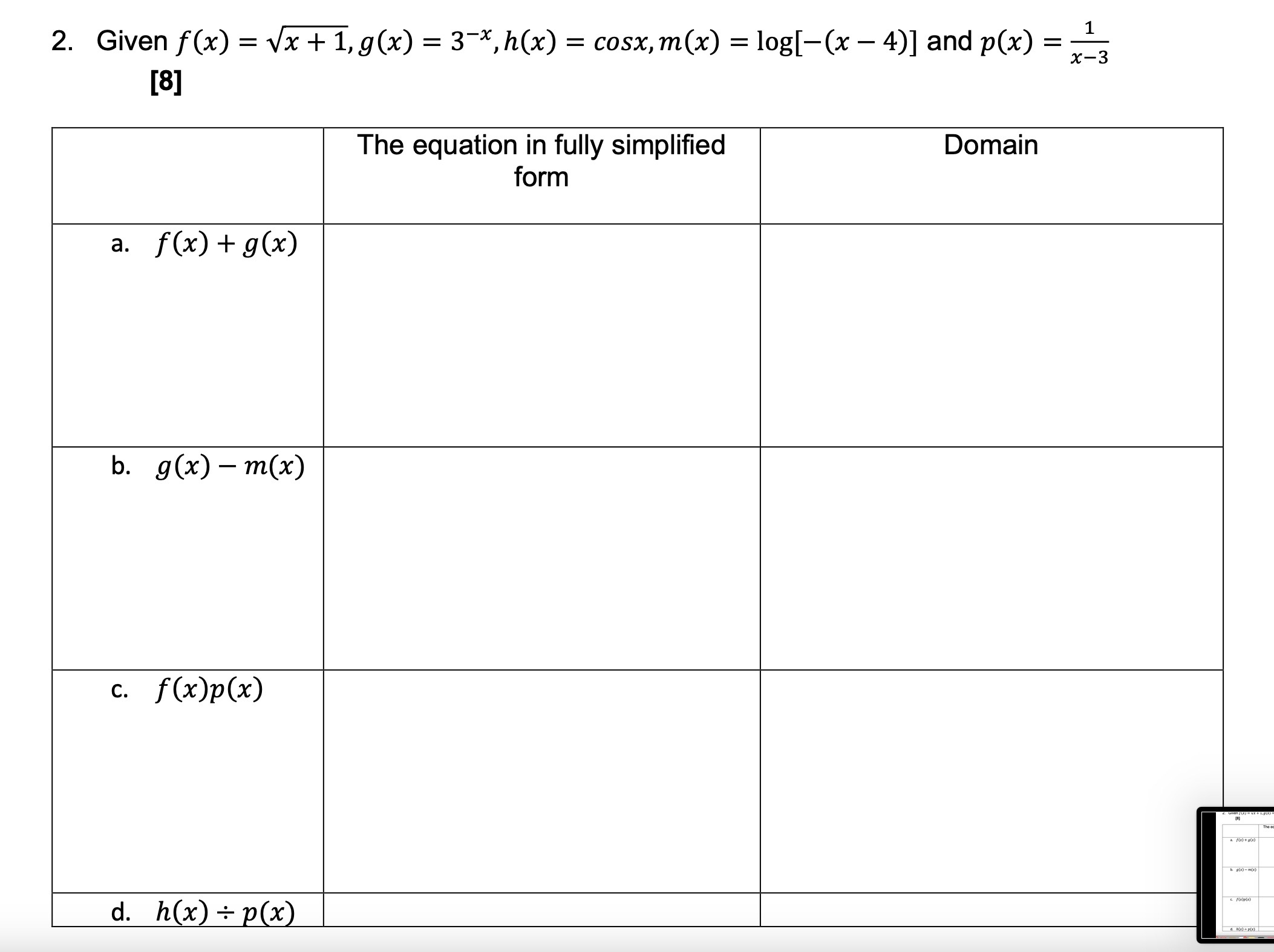 Solved Given \\( f(x)=\\sqrt{x+1}, g(x)=3^{-x}, h(x)=\\cos | Chegg.com